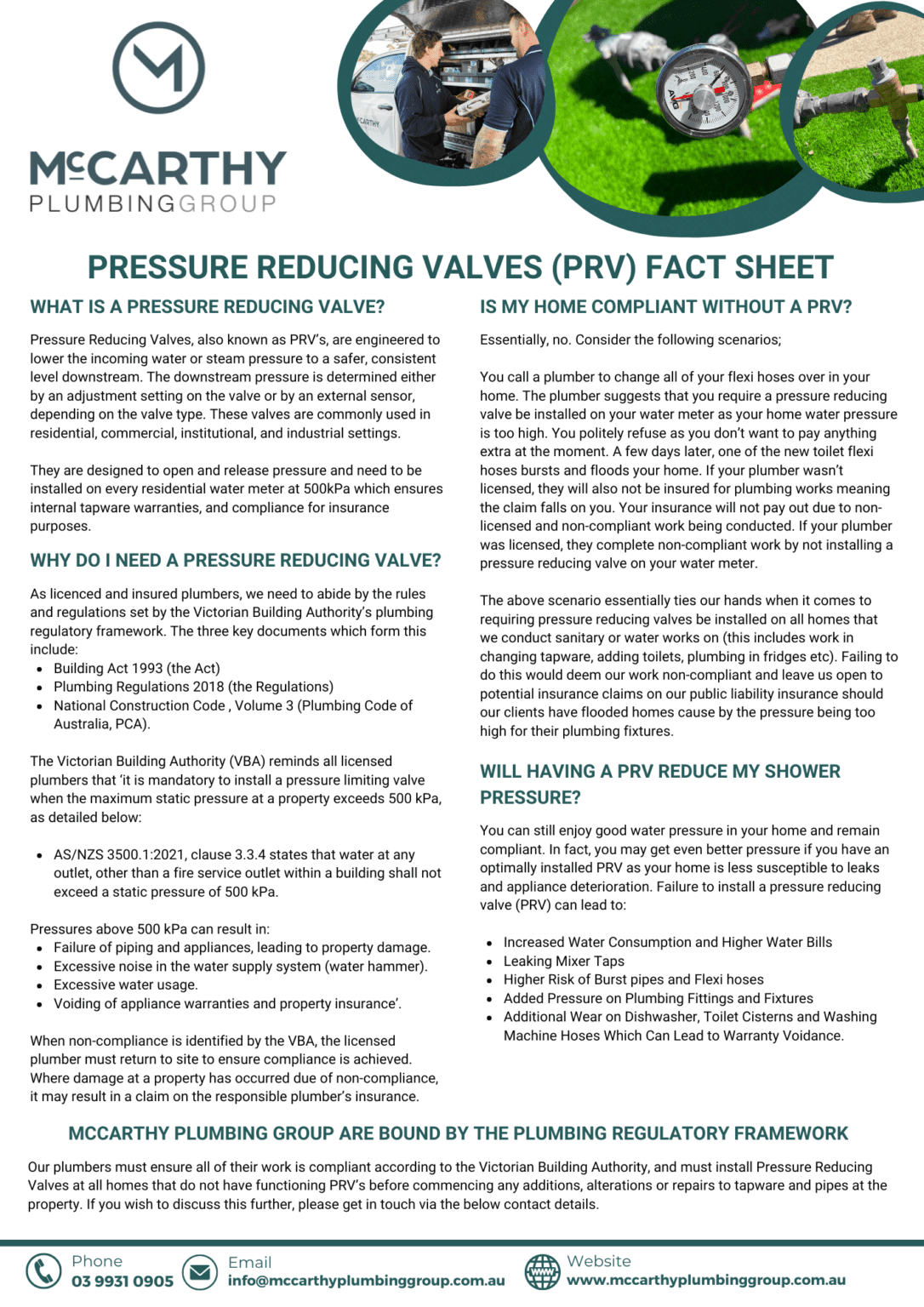 Pressure Reducing Valve (PRV) Fact Sheet - McCarthy Plumbing Group