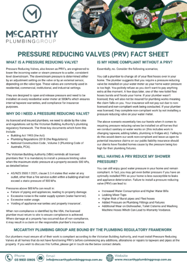 Pressure Reducing Valve (PRV) Fact Sheet - McCarthy Plumbing Group